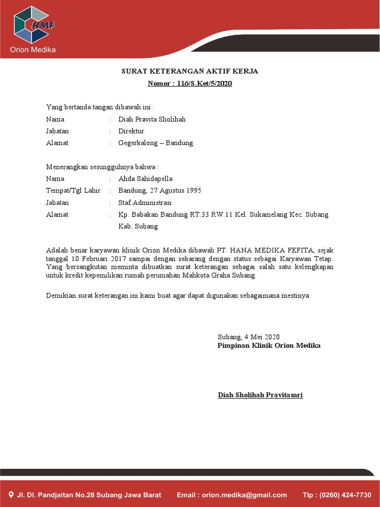 Surat Keterangan Kerja Ahda | PDF