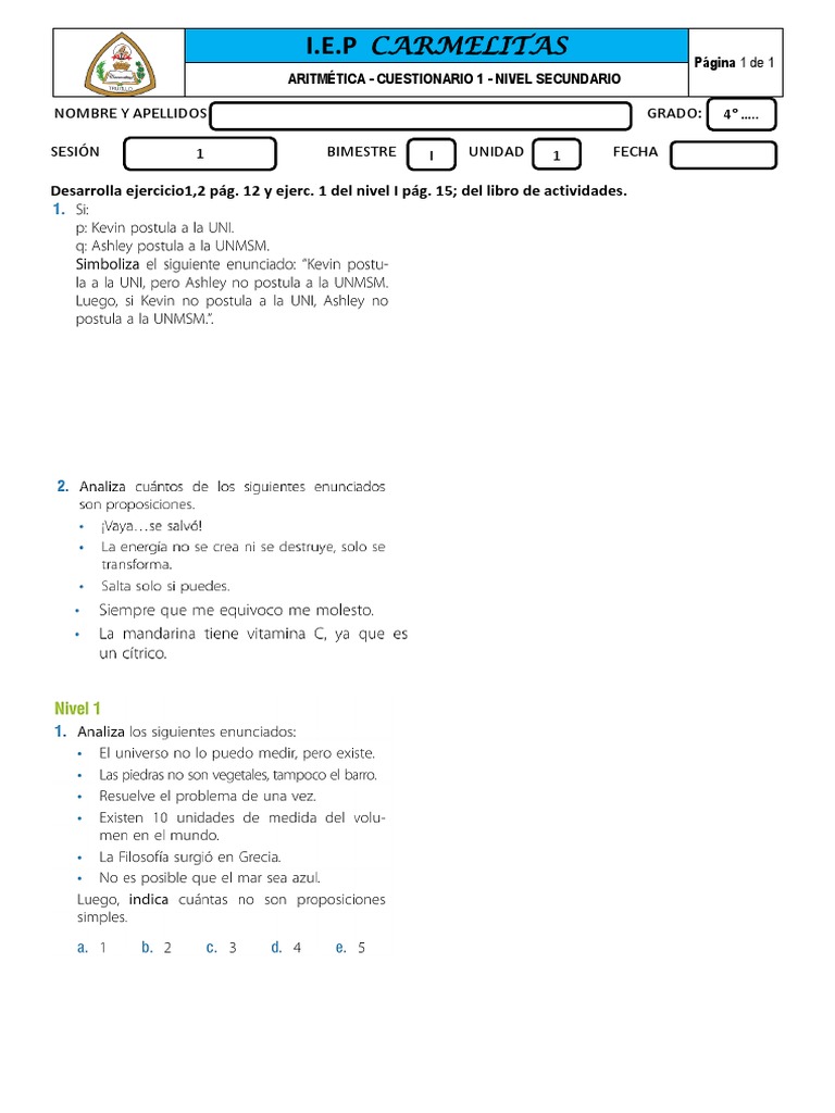 4to Arit Cuestionario 1 | PDF
