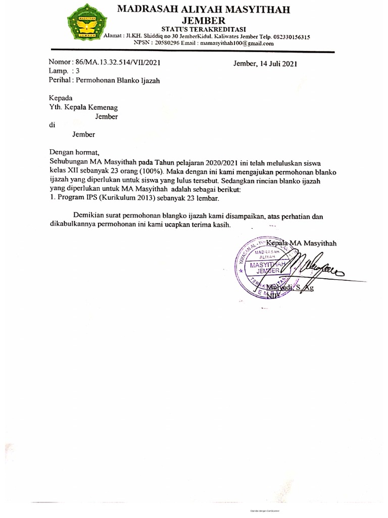 Contoh Surat Permohonan Pengajuan Blangko Ijazah | PDF