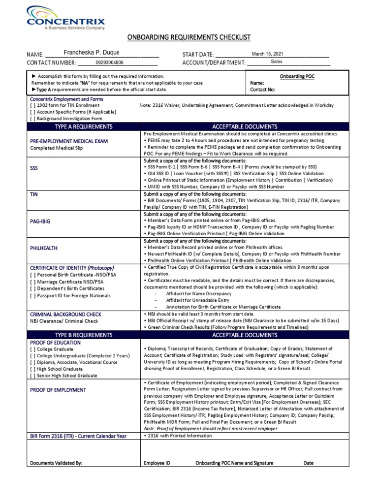 Onboarding Requirements Checklist: Francheska P. Duque | PDF | Birth ...