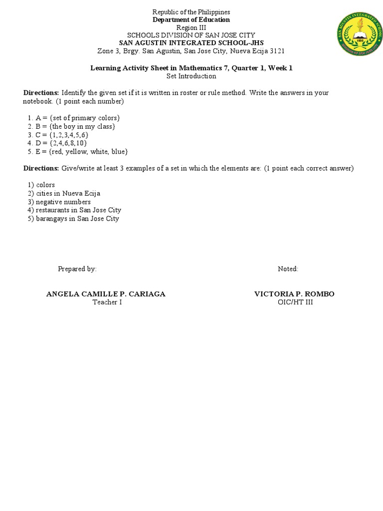 Las Math 7 Q1-W1 2021-2022 | PDF | Mathematics