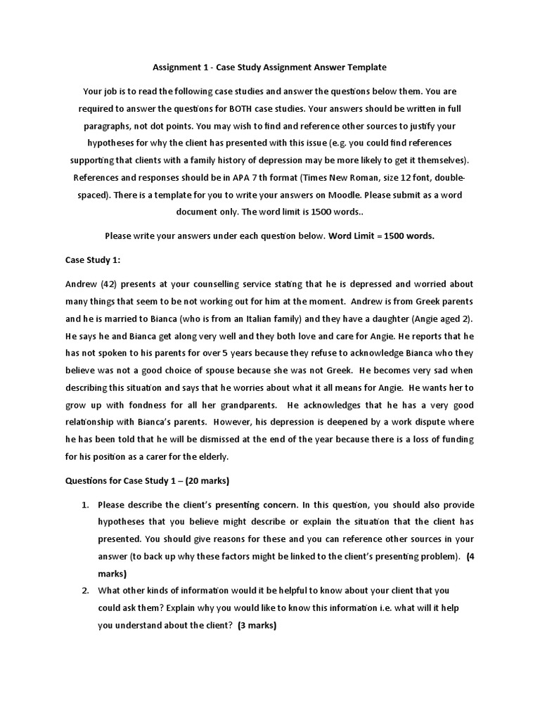Assignment 1 - Case Study Answer Template | PDF | Psychotherapy ...