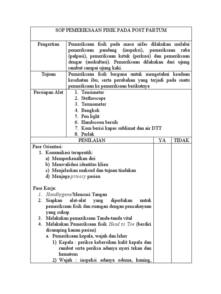 Sop Pemeriksaan Fisik Pada Post Partum | PDF