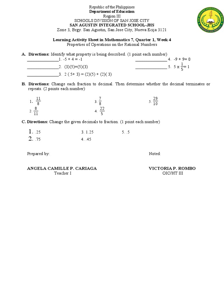Las Math 7 Q1-W4 2021-2022 | PDF | Numbers | Decimal