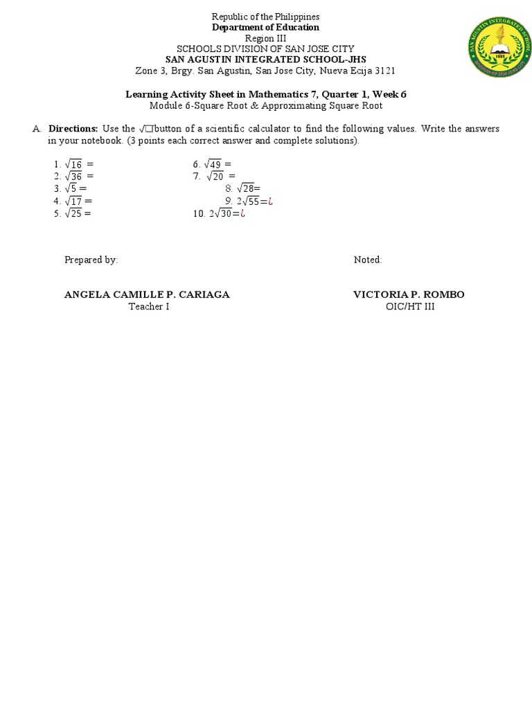 Learning Activity Sheet in Mathematics 7, Quarter 1, Week 6: Department ...