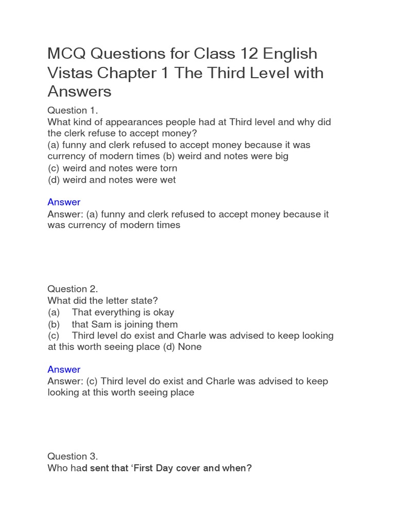 MCQs For Class 12 English Vistas Chapter 1 The Third Level With Answers | PDF