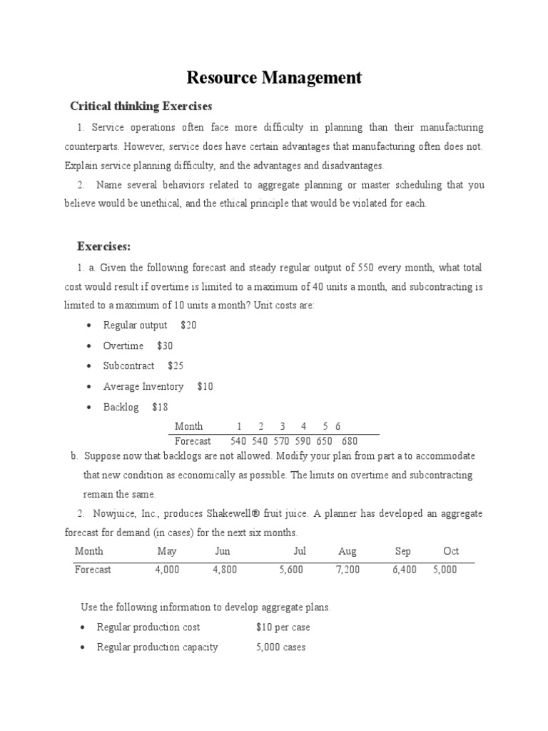 Resource Management: Critical Thinking Exercises | PDF | Inventory ...