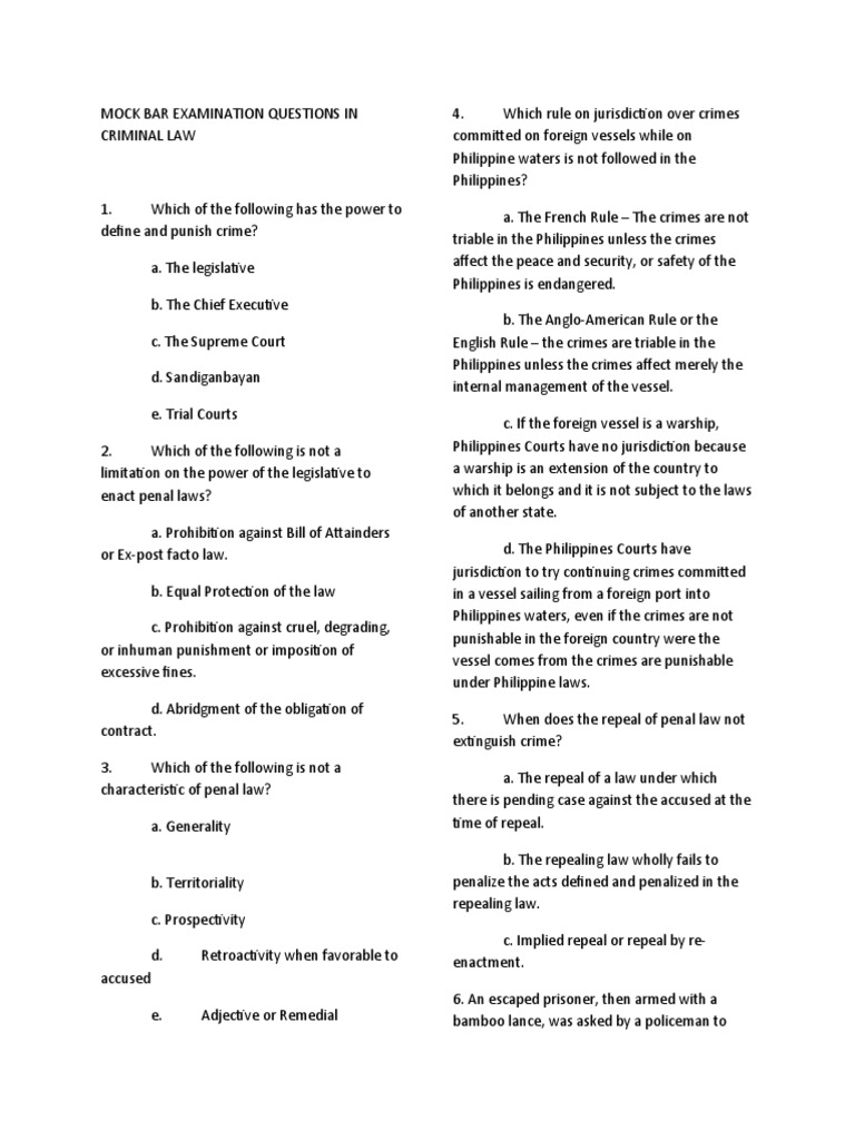 Mock Bar Examination Questions in Criminal Law | Download Free PDF ...