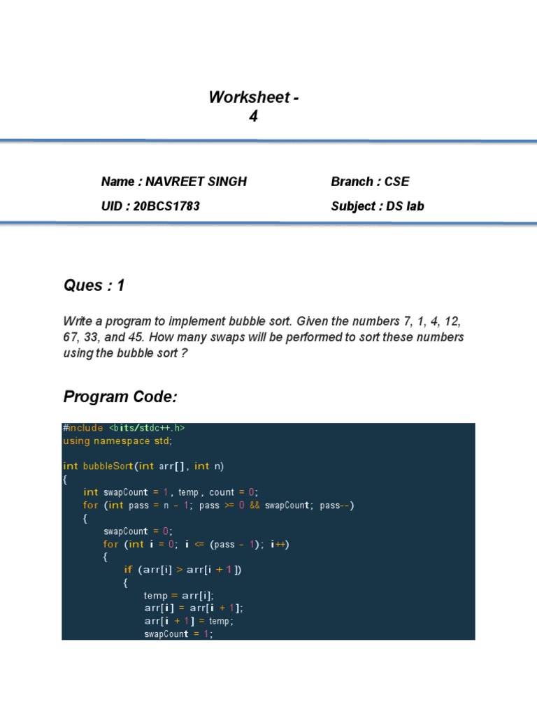 Worksheet - 4: Name: Navreet Singh Branch: CSE UID: 20BCS1783 Subject ...