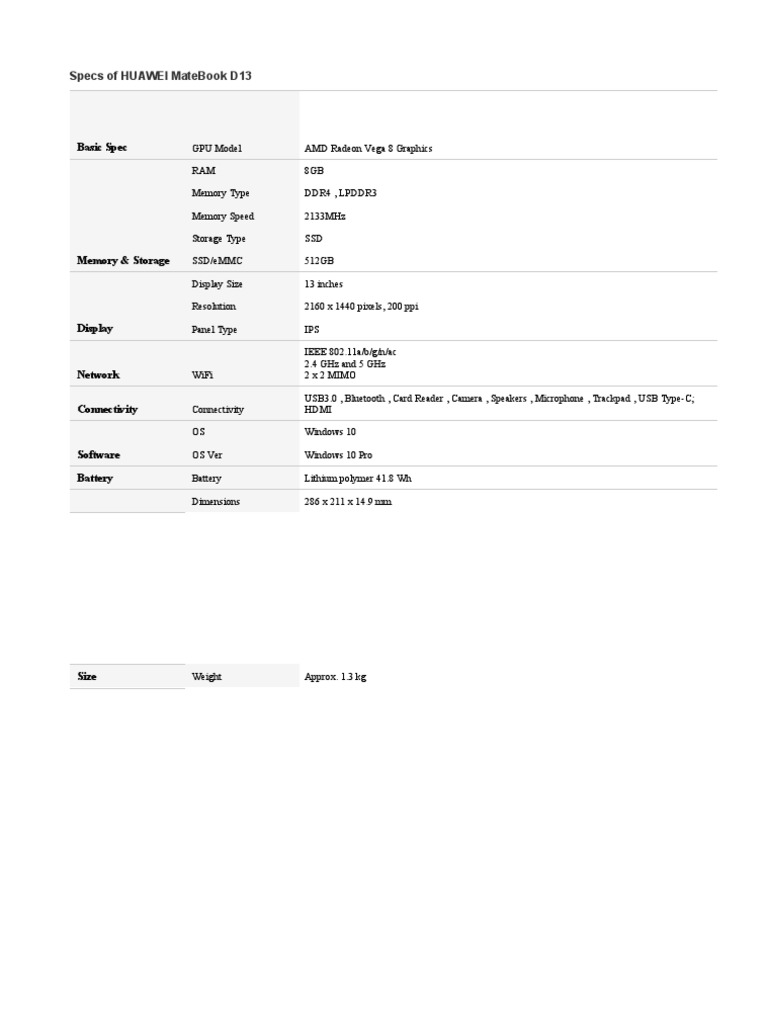 Specs of HUAWEI MateBook D13 | PDF