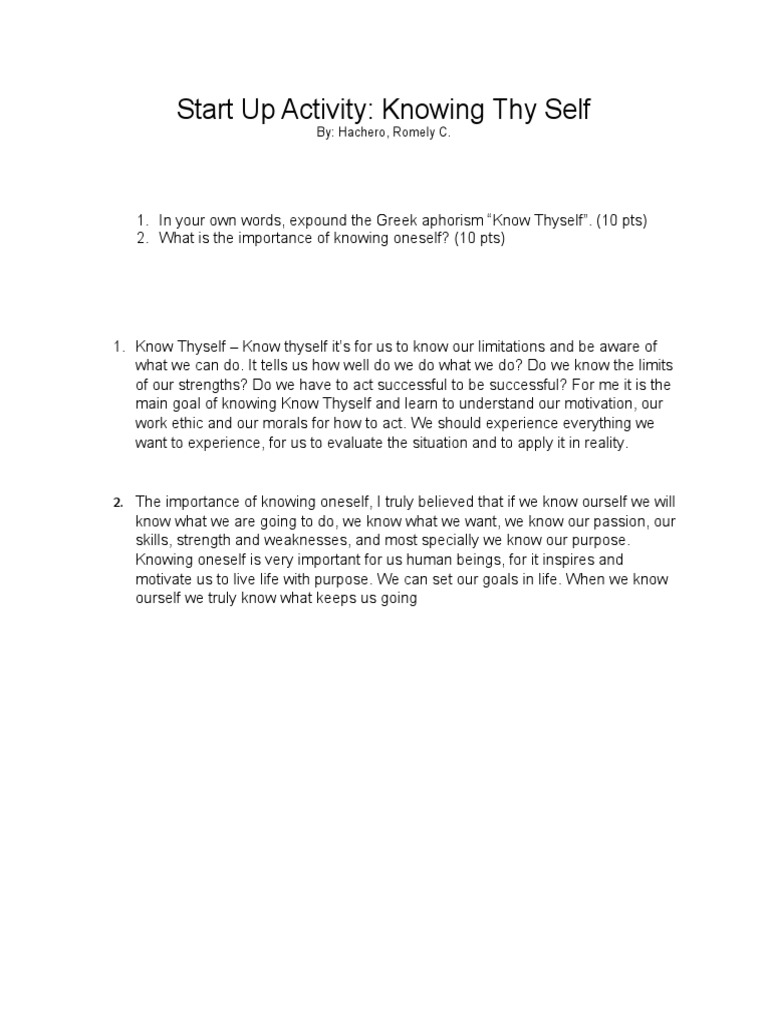 Start Up Activity: Knowing Thy Self: By: Hachero, Romely C | PDF