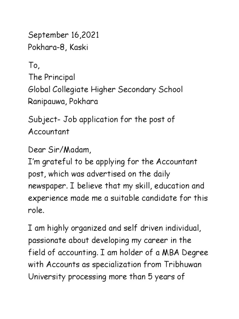 Job Application Letter For The Post of Accountant | PDF