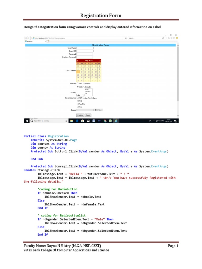 Registration Form: Design The Registration Form Using Various Controls ...