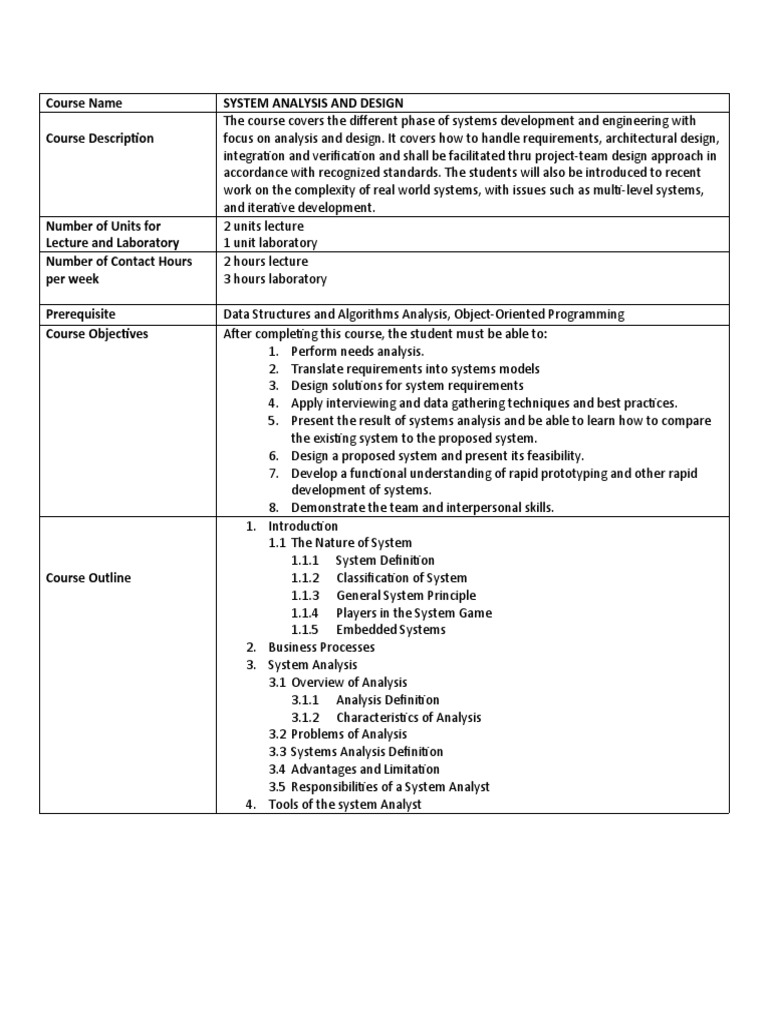 Course Name System Analysis and Design Course Description | PDF ...