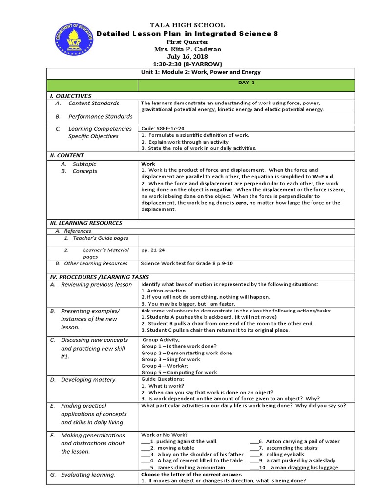 I. Objectives: Detailed Lesson Plan in Integrated Science 8 | PDF ...