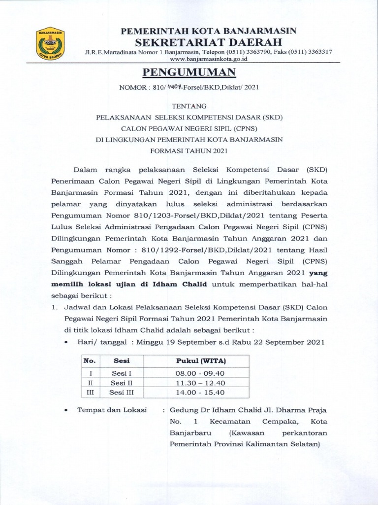 Pengumuman - Lampiran Jadwal SKD 2021 | PDF