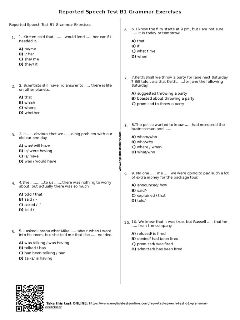 Reported Speech Test B1 Grammar Exercises | PDF