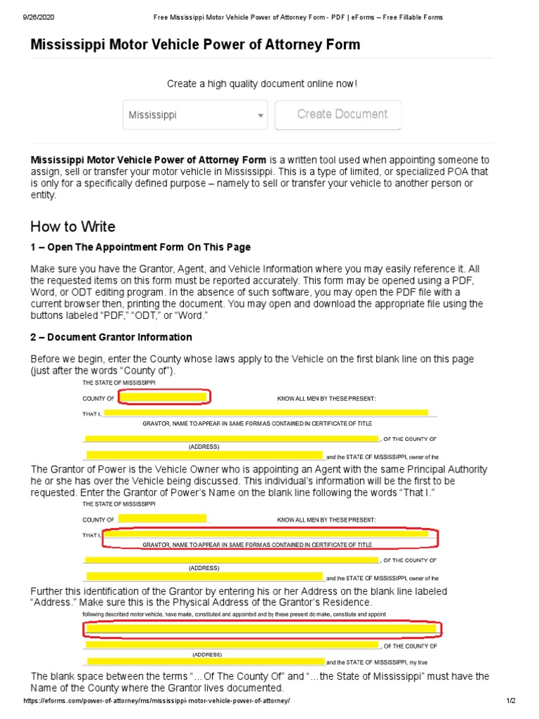 Mississippi Motor Vehicle POA Form Guide | PDF | Power Of Attorney ...