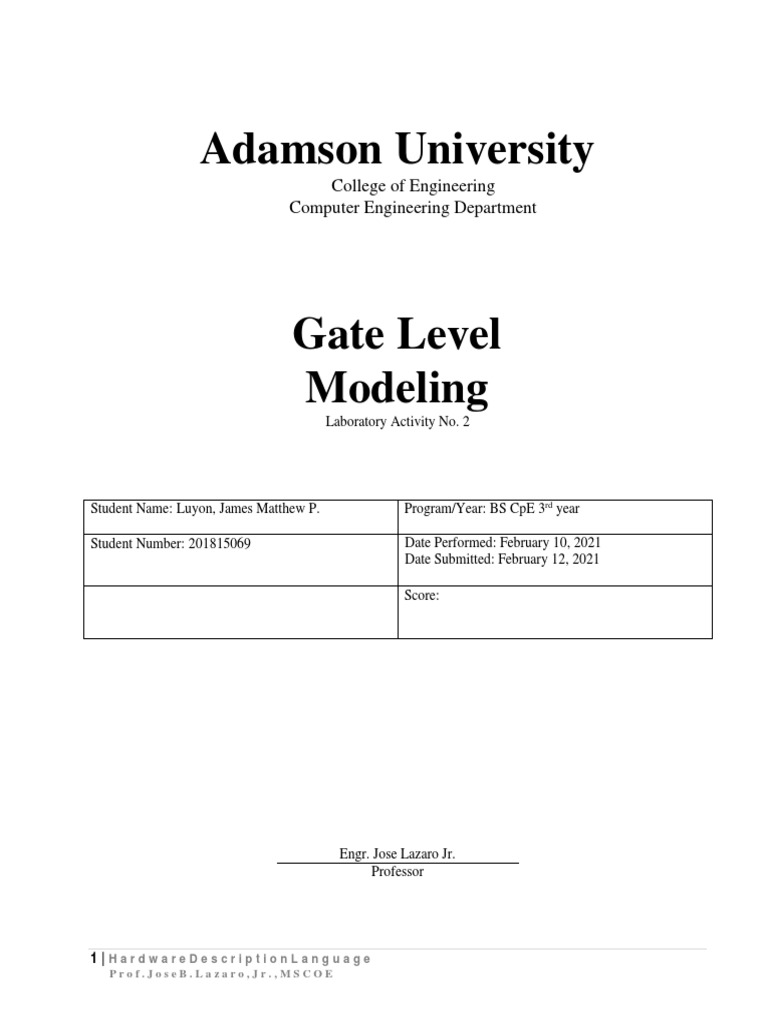 Gate Level Modeling Lab Report | PDF | Logic Synthesis | Logic Gate