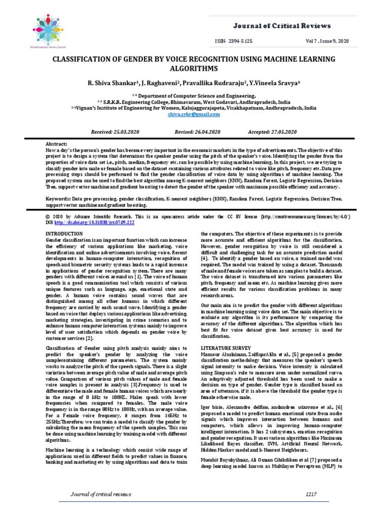Classification of Gender by Voice Recognition Using Machine Learning Algorithms | PDF ...
