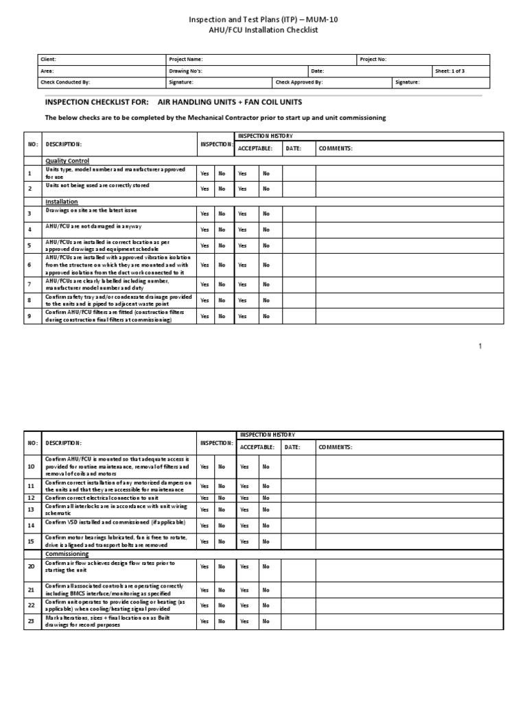 Inspection Checklist For: Air Handling Units + Fan Coil Units | PDF ...