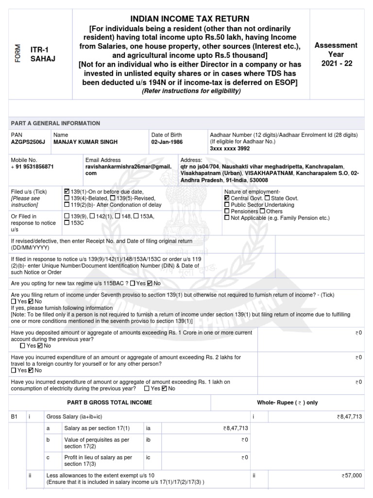 Analysis of Income and Deductions for an Individual Taxpayer in India ...