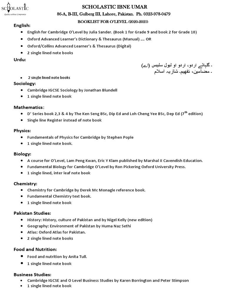 English:: BOOKLIST FOR O'LEVEL (2020-2021) | PDF