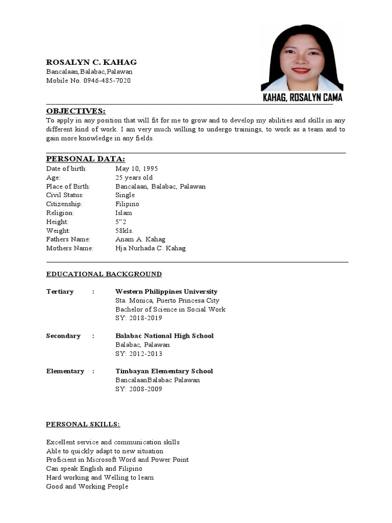 Rosalyn C. Kahag: Educational Background Tertiary: Western Philippines ...