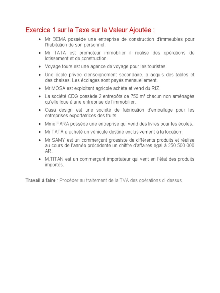 Exercice Sur La TVA | PDF | Taxe sur la valeur ajoutée | Valeur ajoutée