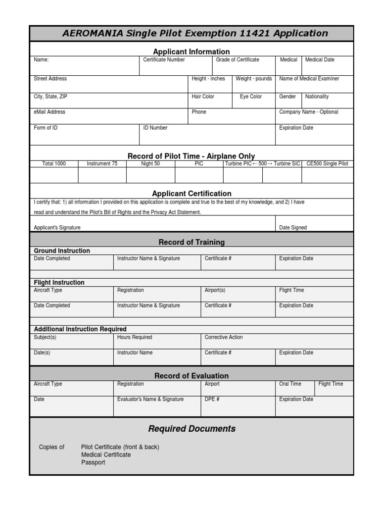 AEROMANIA Single Pilot Exemption Form | PDF | Flight Instructor | Transport