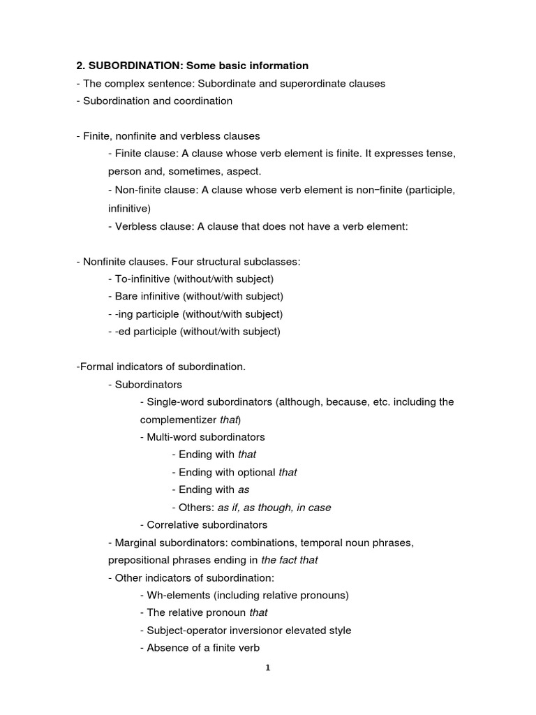 Subordination Outline. Grammar | PDF | Clause | Verb