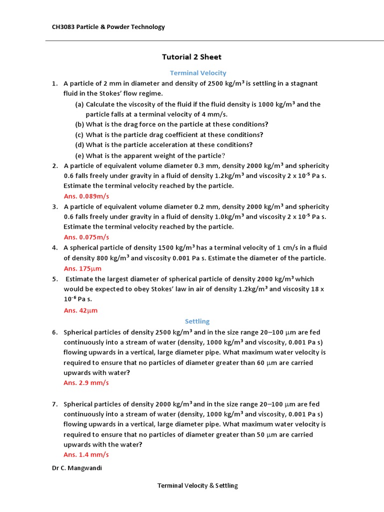 Terminal Velocity & Settling Calculations | PDF | Viscosity | Classical ...