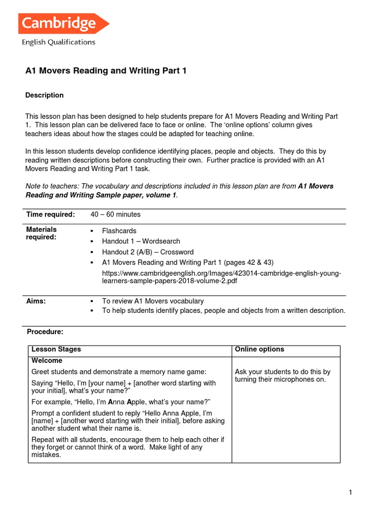 A1 Movers Reading & Writing Lesson Plan | PDF | Crossword | Lesson Plan