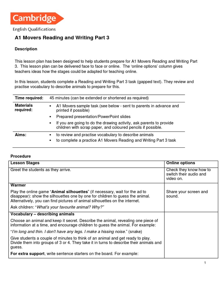 A1 Movers Reading & Writing Lesson Plan | PDF | Lesson Plan | Vocabulary