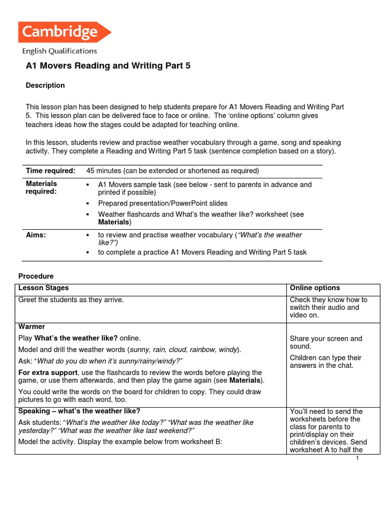 A1 Movers Reading & Writing Lesson Plan | PDF | Lesson Plan | Vocabulary