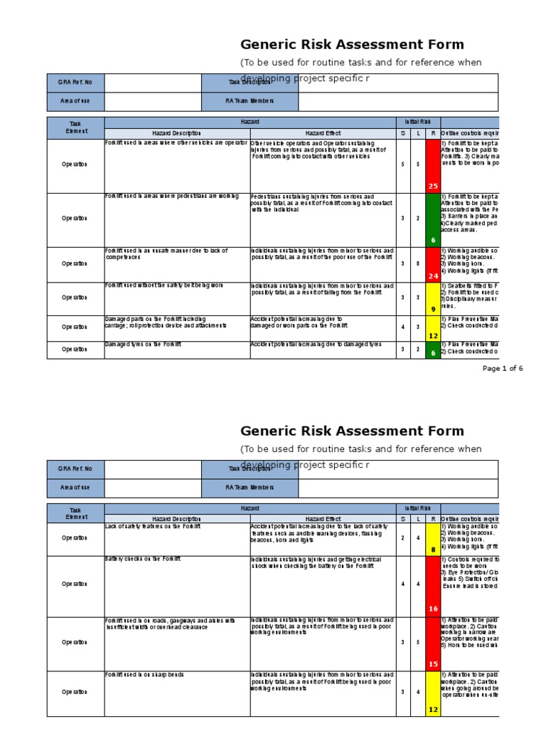 Generic Risk Assessment Form: (To Be Used For Routine Tasks and For ...