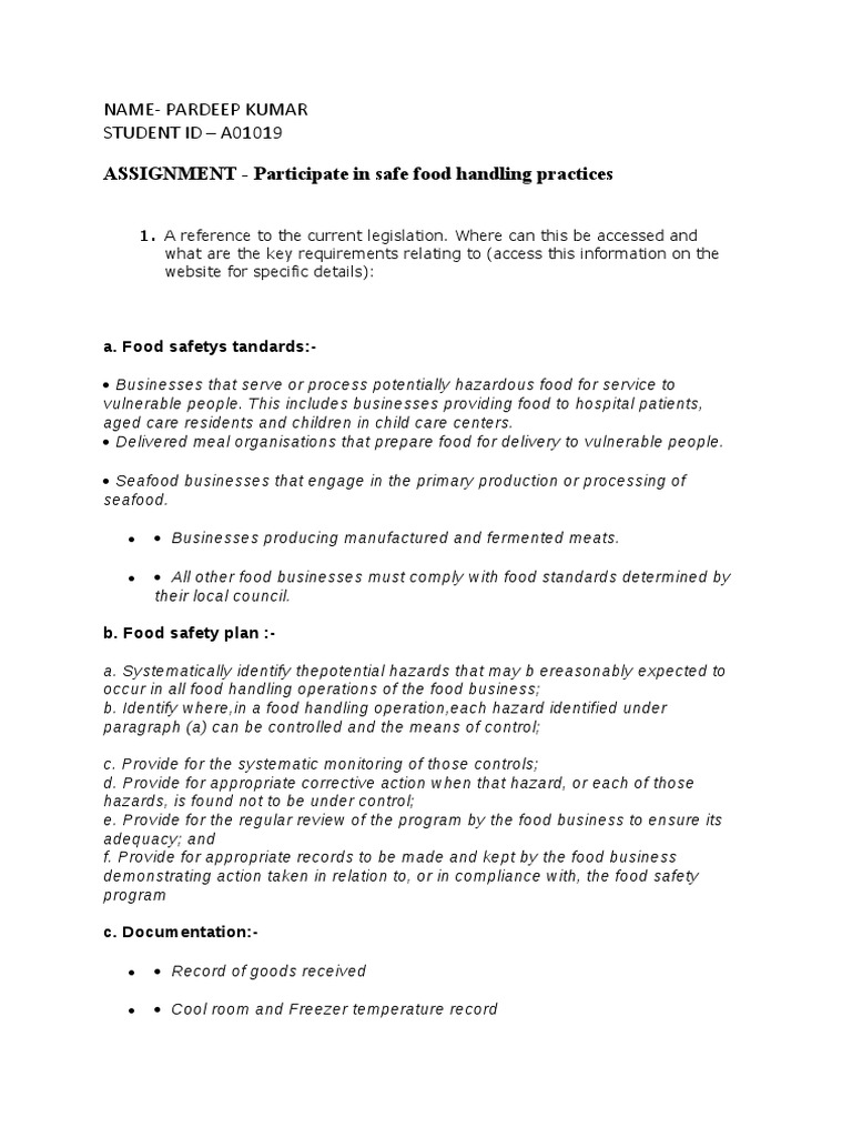 Participate in Safe Food Handling Practices ASSIGNMENT | PDF | Foods ...