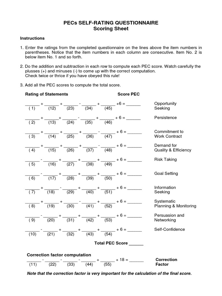 PECs Self Rating Questionnaire Scoring Sheet 1 | PDF
