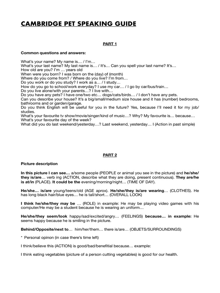 Cambridge Pet Speaking Guide | PDF