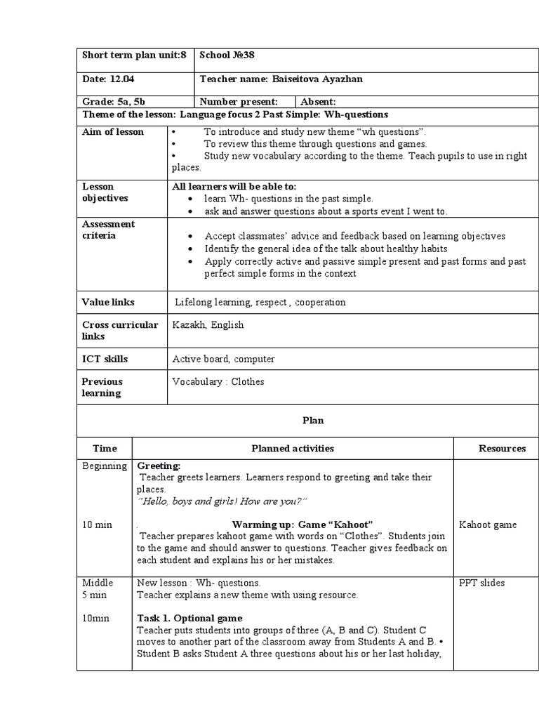 12.04 Lesson Plan 5a 5b | PDF | Teachers | Learning