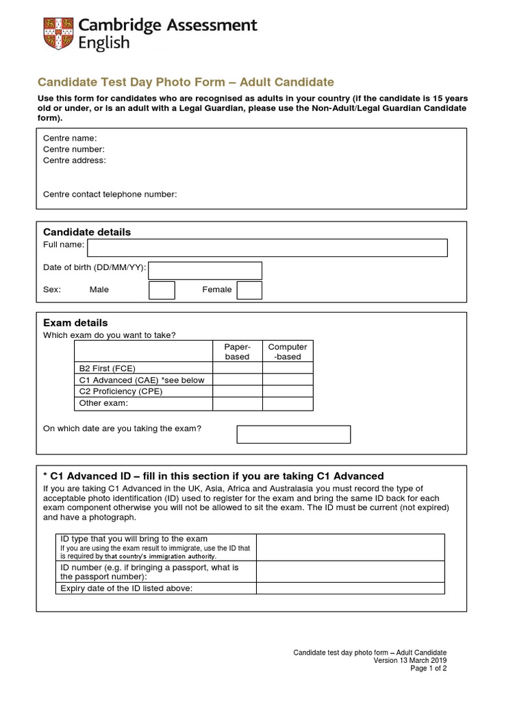Adult Candidate Test Day Photo Form | PDF | Test (Assessment ...