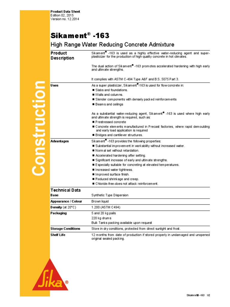 Sikament - 163: High Range Water Reducing Concrete Admixture | PDF ...