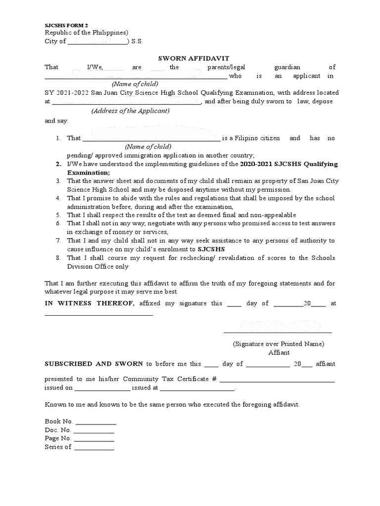 SJCSHS Qualifying Exam Affidavit Form | PDF | Affidavit | Common Law