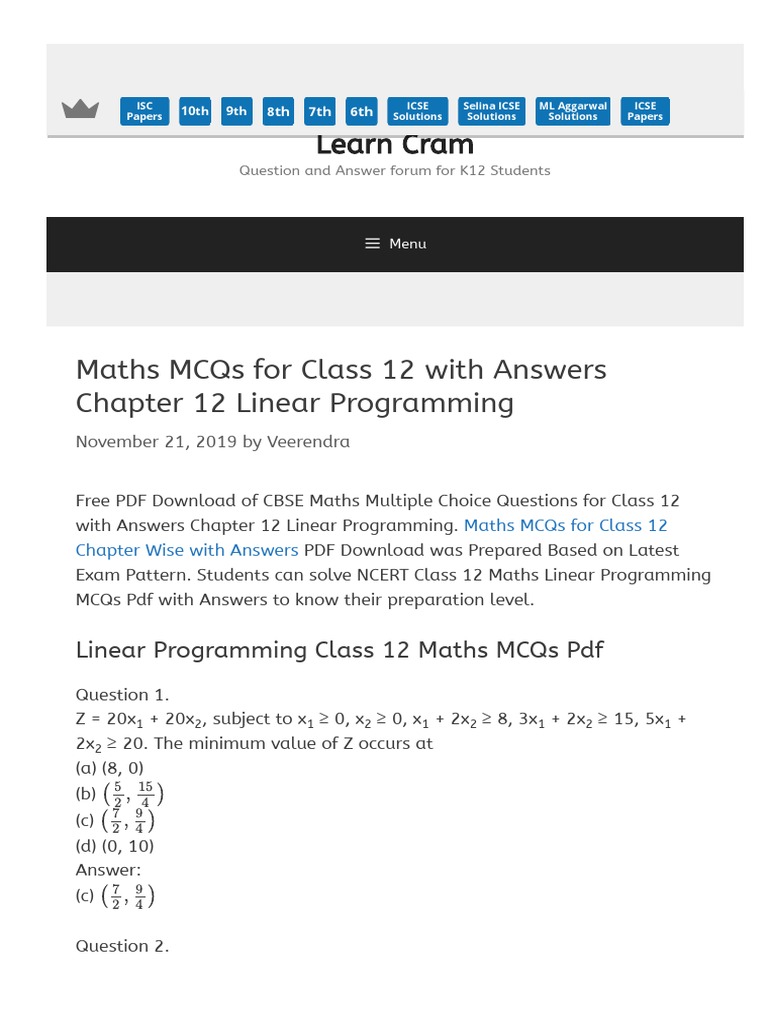 Learn Cram: Maths Mcqs For Class 12 With Answers Chapter 12 Linear Programming | PDF ...