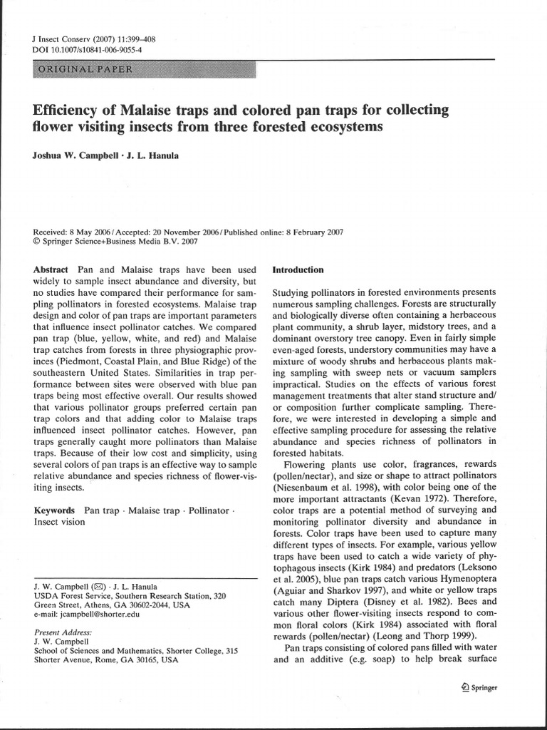 Efficiency of Malaise Traps and Colored Pan Traps For Collecting | PDF ...