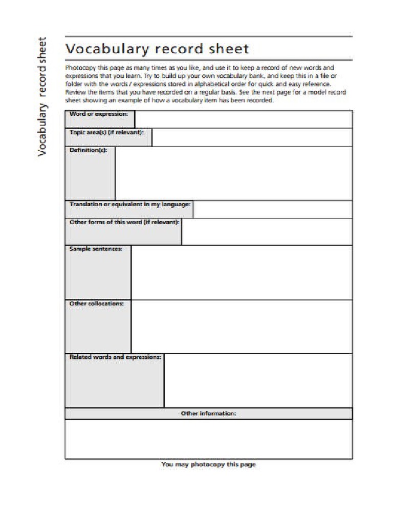 Vocabulary Record Sheet | PDF
