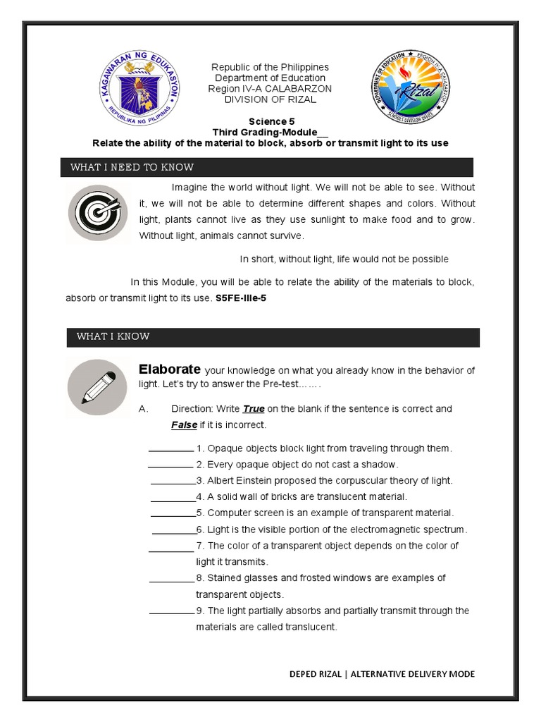 REVISED Science5 q3 Mod1 Light v1 | PDF | Light | Glasses