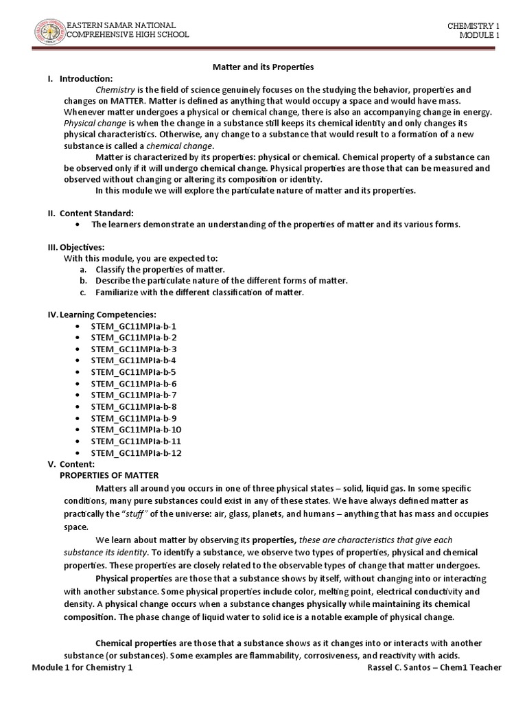 Module Shs Chem1 | PDF | Metals | Chemical Substances