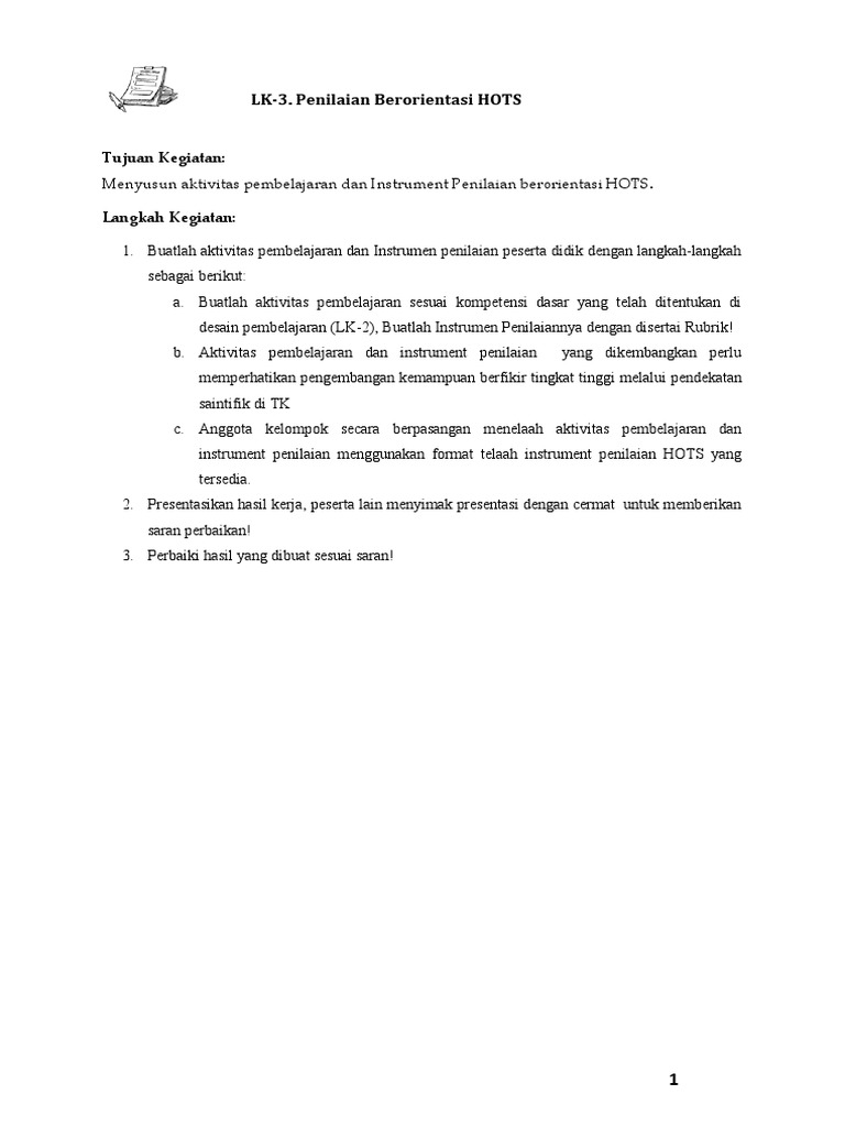 LK.3 Format Desain Pembelajaran Dan Penilaian Hot HOTS - TK - ANDREAS EKA PUTRA | PDF