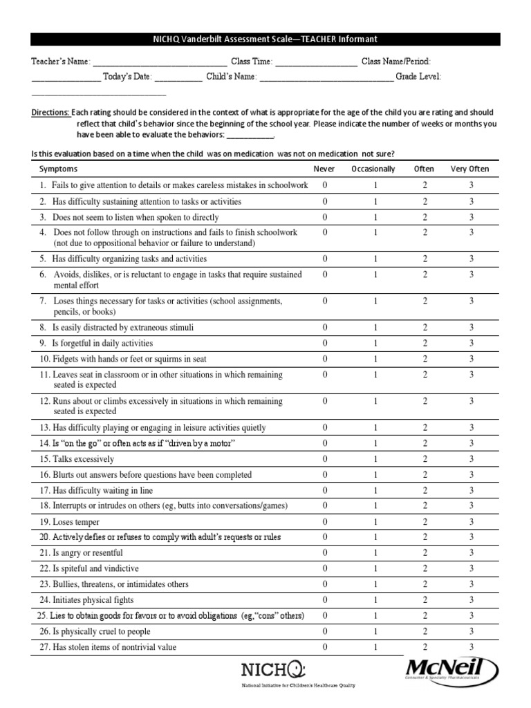 NICHQ Vanderbilt Teacher Rating | PDF | Attention | Behavioural Sciences